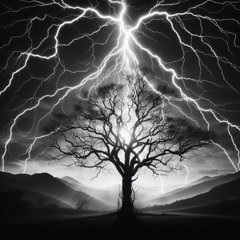 Lightning Striking Tree Dynamic Lines Stark Contrast for Dramati Stock ...
