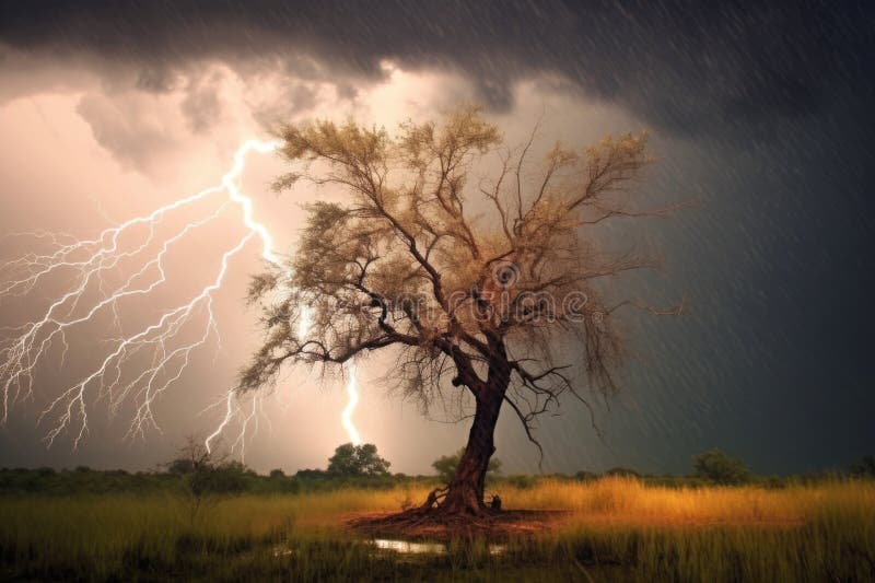 Lightning Striking a Tree in a Storm Stock Illustration - Illustration ...