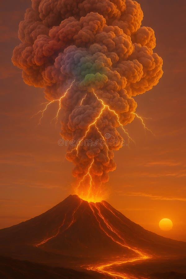 Volcano Erupting with Lightning and Lava Flows at Sunset Stock ...