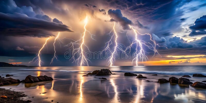Lightning Striking the Water in a Dramatic Coastal Scene Stock ...