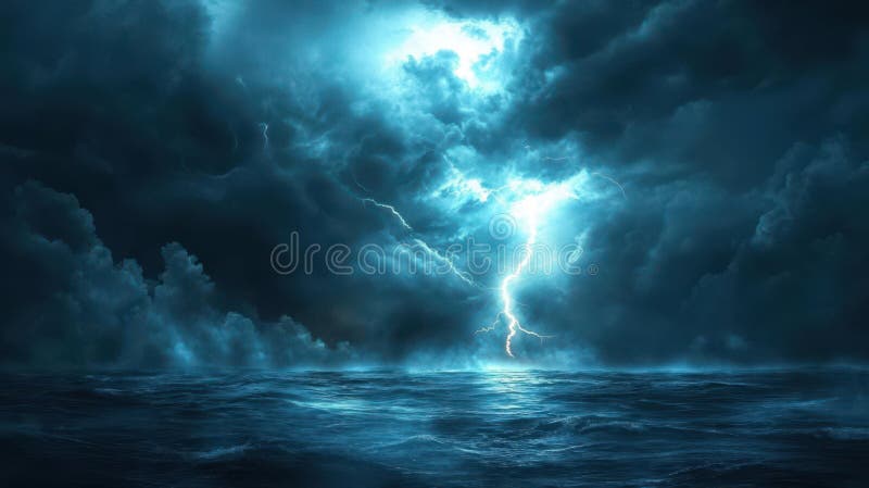 Lightning Striking the Water during a Stormy Night with Dark Clouds ...