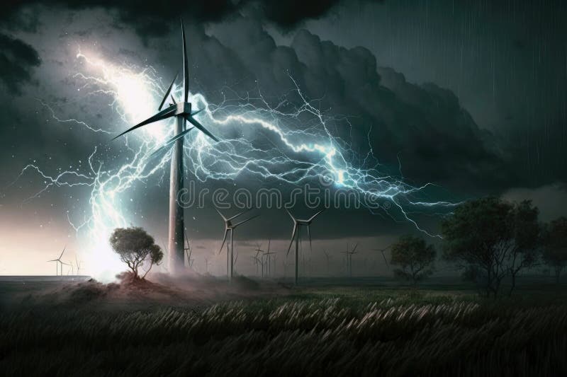 Lightning Struck Wind Turbines. Generative AI Stock Illustration ...