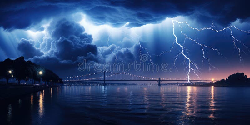 Night Thunderstorm Over the Lake, Lightning with Dramatic Clouds ...