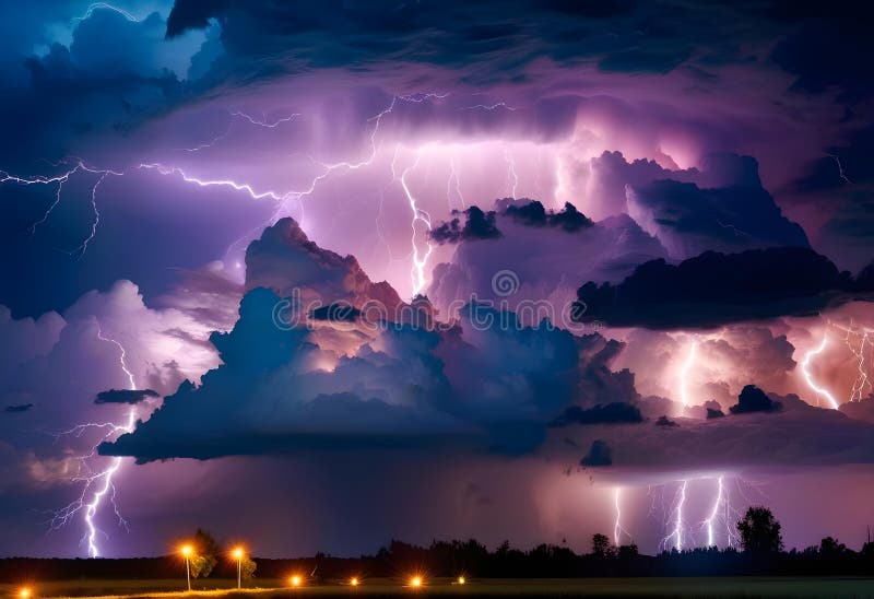 Lightning Thunderstorm on Cloudy Night Sky. Weather Stock Illustration ...