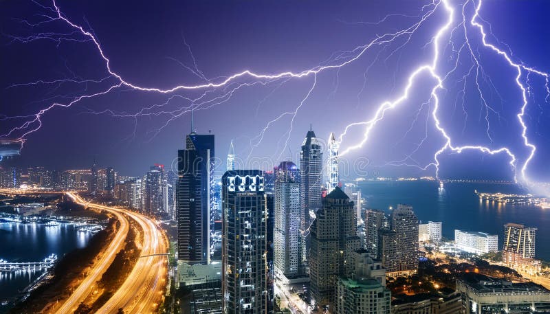 Lightning Thunderstorm Flash Over the Night Sky of Metropolis Stock ...