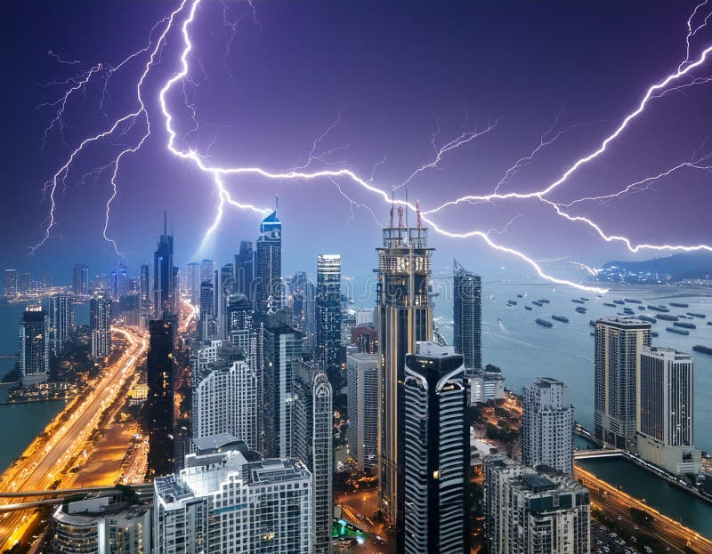 Lightning Thunderstorm Flash Over the Night Sky of Metropolis Stock ...