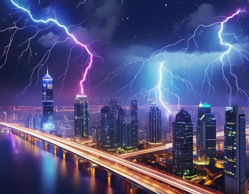 Lightning Thunderstorm Flash Over the Night Sky of Metropolis Stock ...