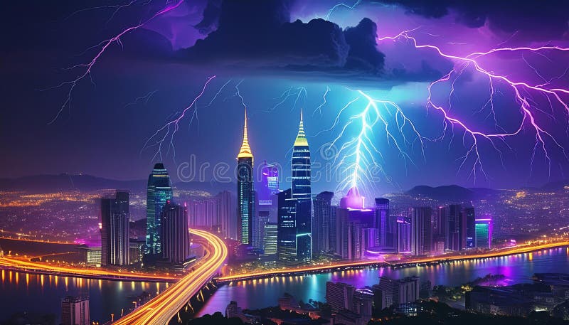 Lightning Thunderstorm Flash Over the Night Sky of Metropolis Stock ...