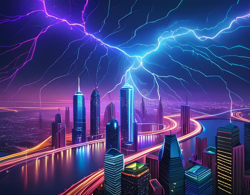 Lightning Thunderstorm Flash Over the Night Sky of Metropolis Stock ...