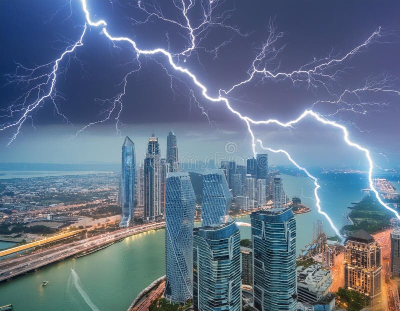 Lightning Thunderstorm Flash Over the Night Sky of Metropolis Stock ...