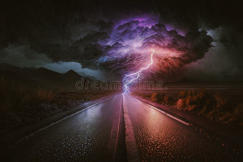 Lightning and Thunderstorm on the Road. Generative Ai Stock ...