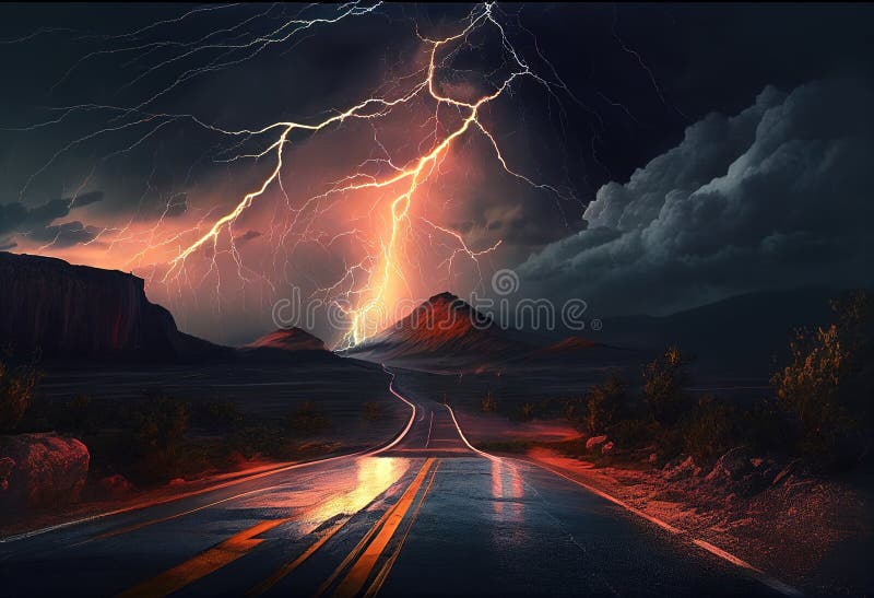 Lightning and Thunderstorm on the Road Illustration. AI Generative ...