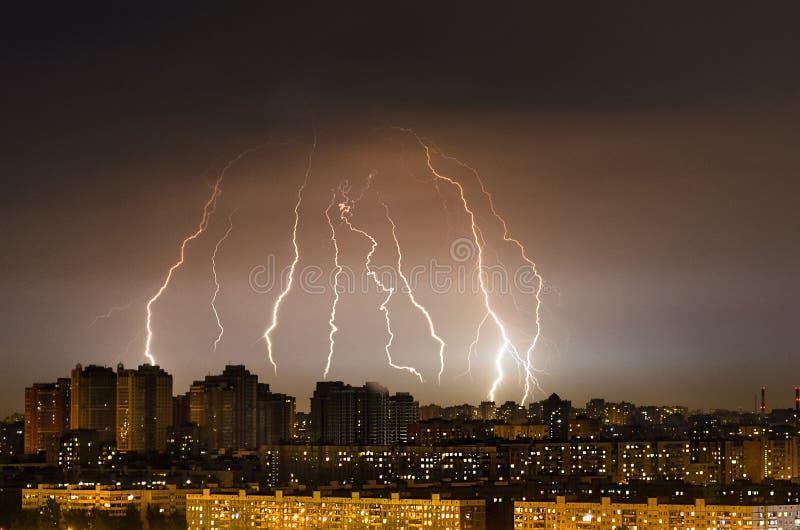 Lightning Thunderstorm Storm Over the City at Night. Stock Image ...