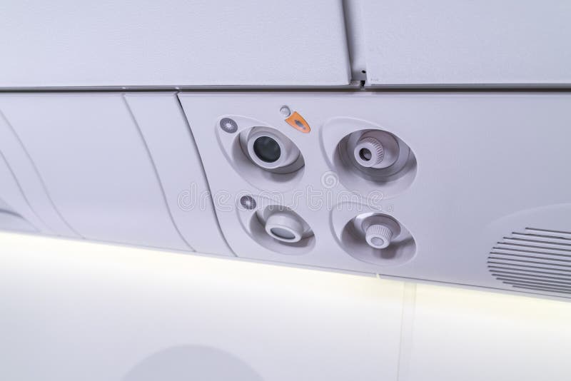 Lights, Air Condition Signs Panel Above the Seat on Plane . Stock Image ...
