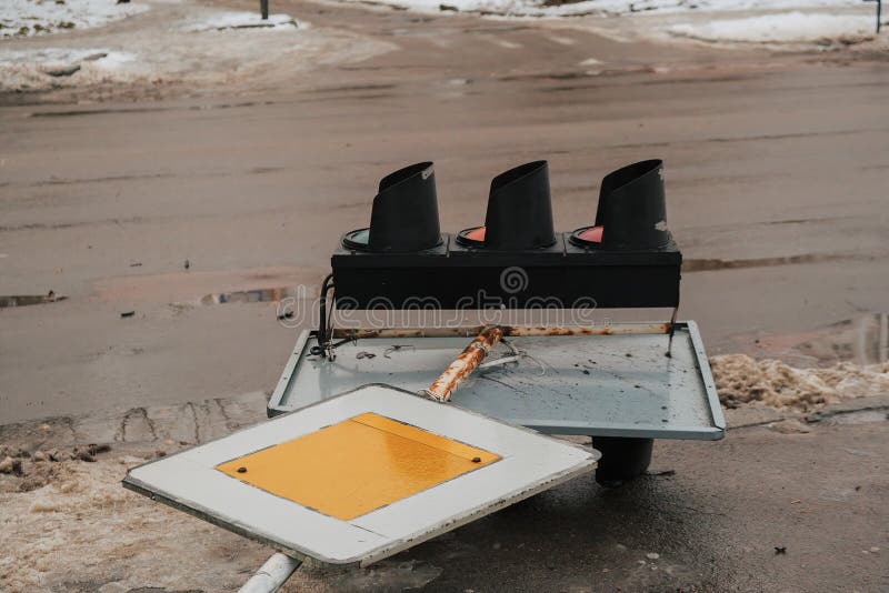 Lights of Broken Traffic Light Lies on the Ground Stock Image - Image ...