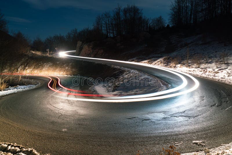 Lights of Cars on the Bend of the Road at Night Stock Image - Image of ...
