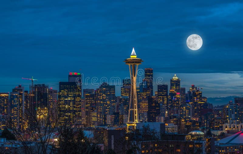 The Lights Come on in Seattle with a Full Moon Stock Photo - Image of ...