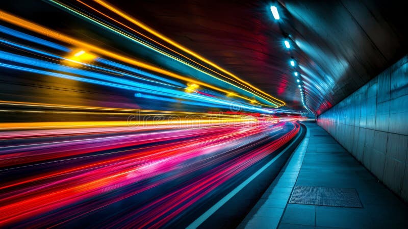 Lights Form a Line of Illumination Along the Tunnel at Night. Stock ...