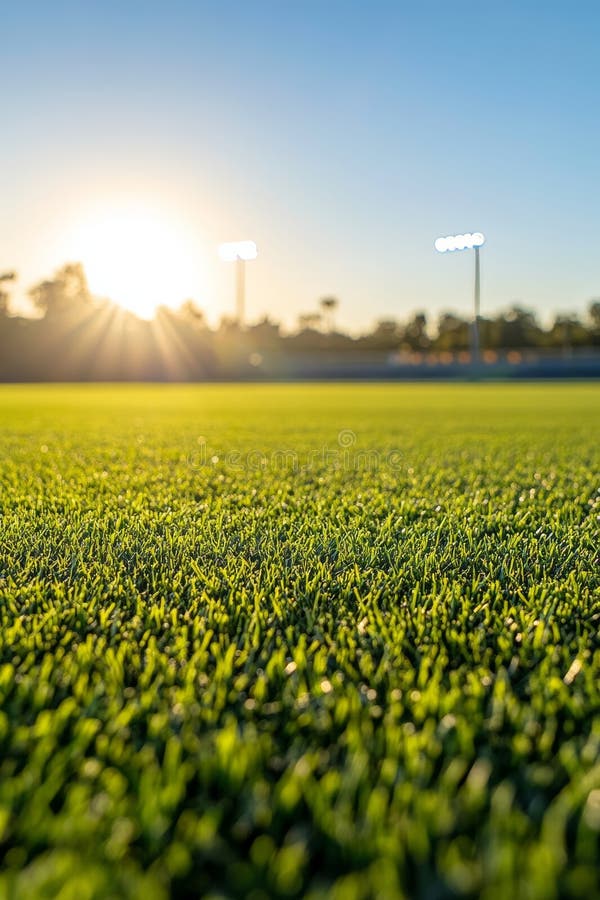 Lights and Green Grass in an Evening Football Stadium Stock Photo ...