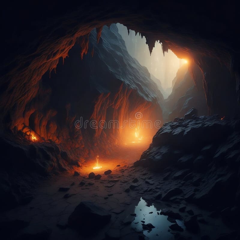 Lights Inside a Cave and Mountains, Rocks, Night. Stock Photo - Image ...
