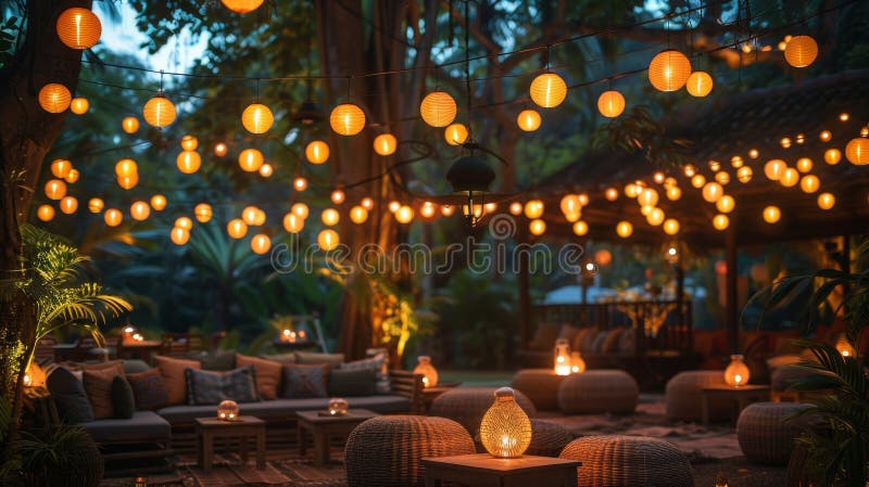 Lights and Lanterns on the Holiday Table. Party with Evening Lights ...