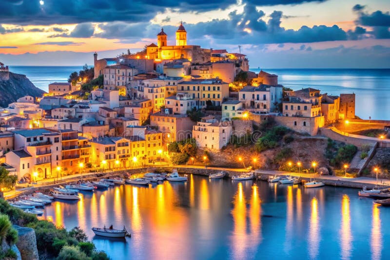 The Lights of a Mediterranean City by Night Stock Illustration ...