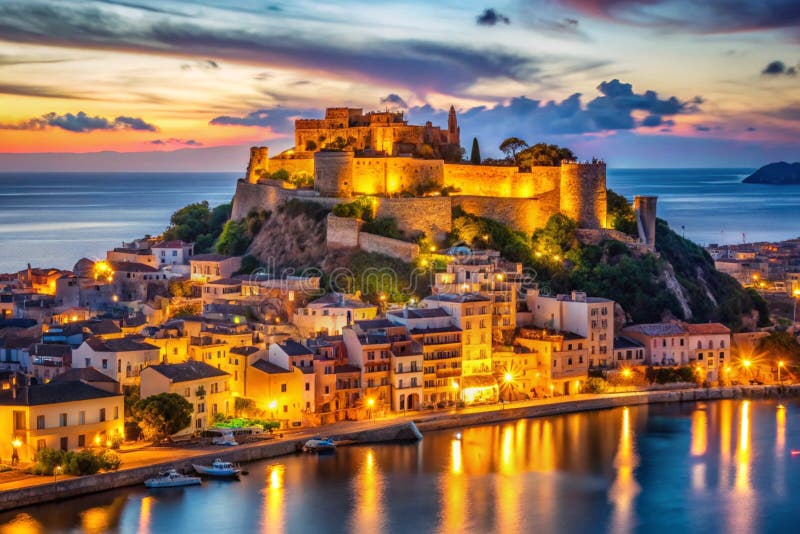 The Lights of a Mediterranean City by Night and an Ancient Castle Stock ...