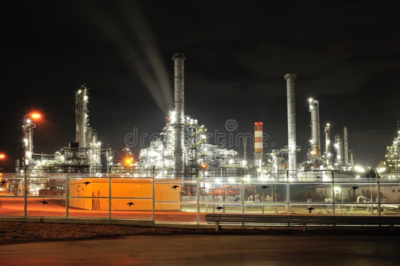 Big oil refinery in night stock image. Image of production - 25354745