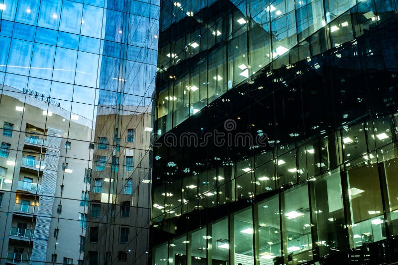 Lights Reflection on Modern Windows Building Stock Photo - Image of ...
