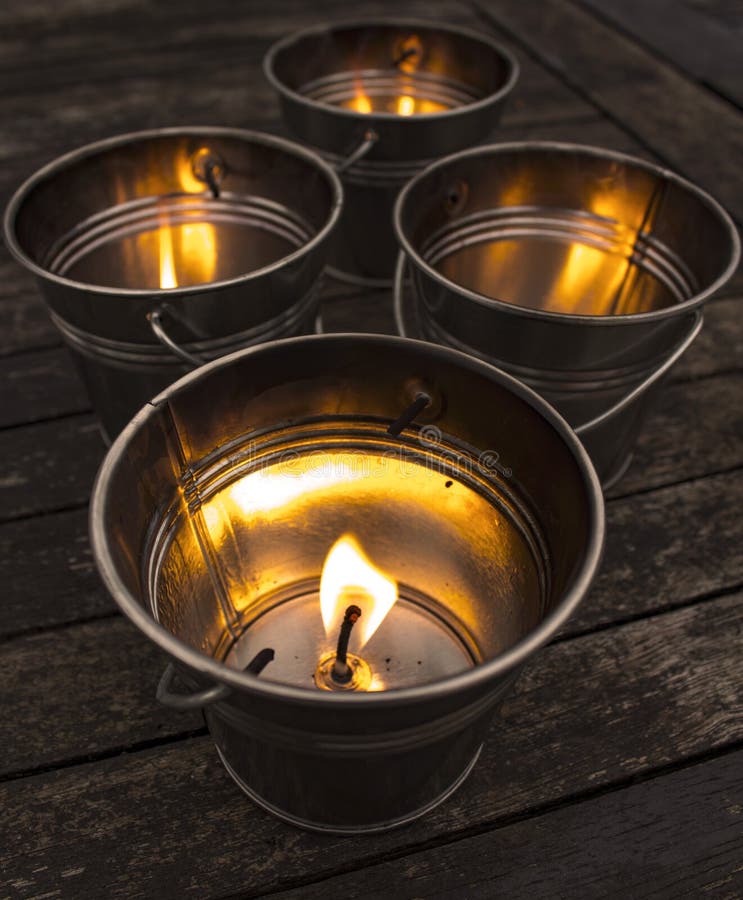 Lights in small buckets stock image. Image of metal - 107665169