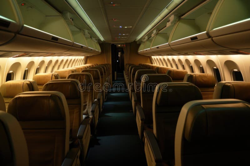 Lights Softly Glowing in Empty First-class Cabin Night Flight Stock ...