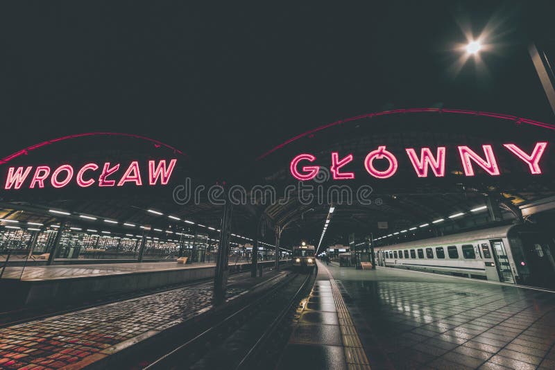 Lights on Train Station at Night after Rain Stock Image - Image of ...