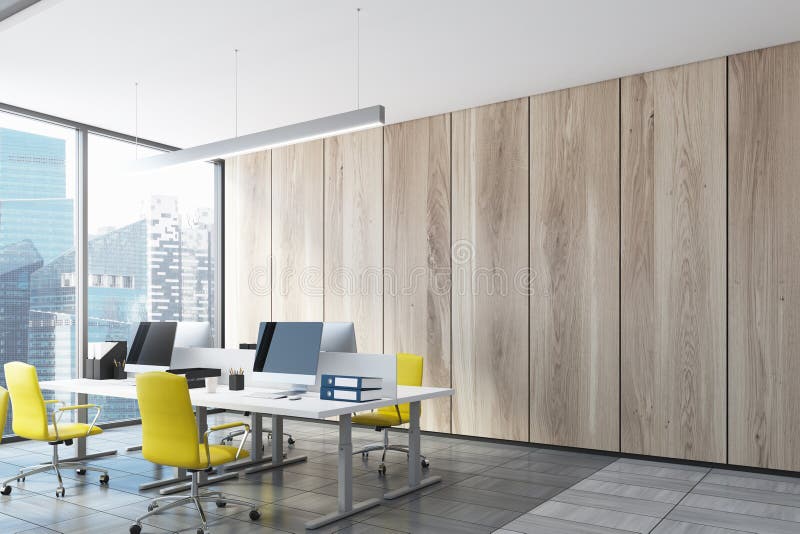 Ligth Wooden Open Office, Computers, Side View Stock Illustration ...