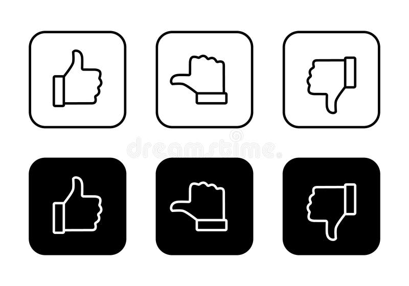 Like, Neutral, and Dislike Hand Outline Icon on Black Square Stock ...