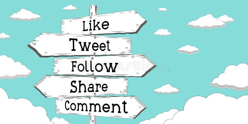 Like, Tweet, Follow, Share, Comment - Outline Signpost with Five Arrows ...