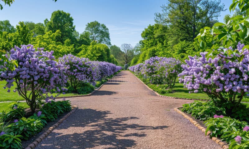 Lilac Bushes Lining a Pathway in a Botanical Garden Stock Photo - Image ...