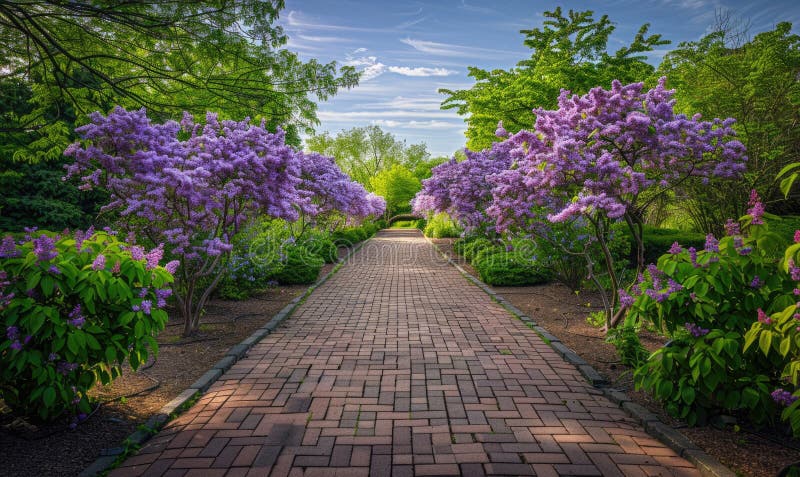 Lilac Bushes Lining a Pathway in a Botanical Garden Stock Photo - Image ...