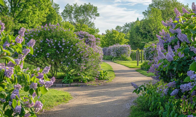 Lilac Bushes Lining a Pathway in a Botanical Garden Stock Image - Image ...