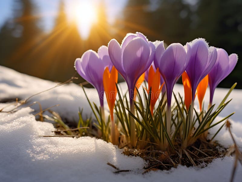 Lilac Color Crocus Group in the Snow on the Background of the Forest ...