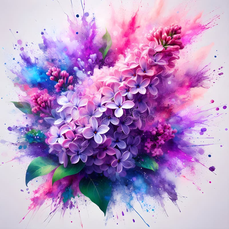 Lilac Flowers Exploding with Colorful Powder Paint Stock Illustration ...