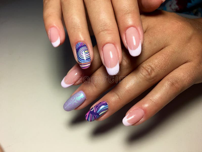 Lilac French Manicure with Abstraction Stock Photo - Image of beauty ...