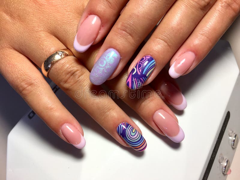 Lilac French Manicure with Abstraction Stock Photo - Image of ...