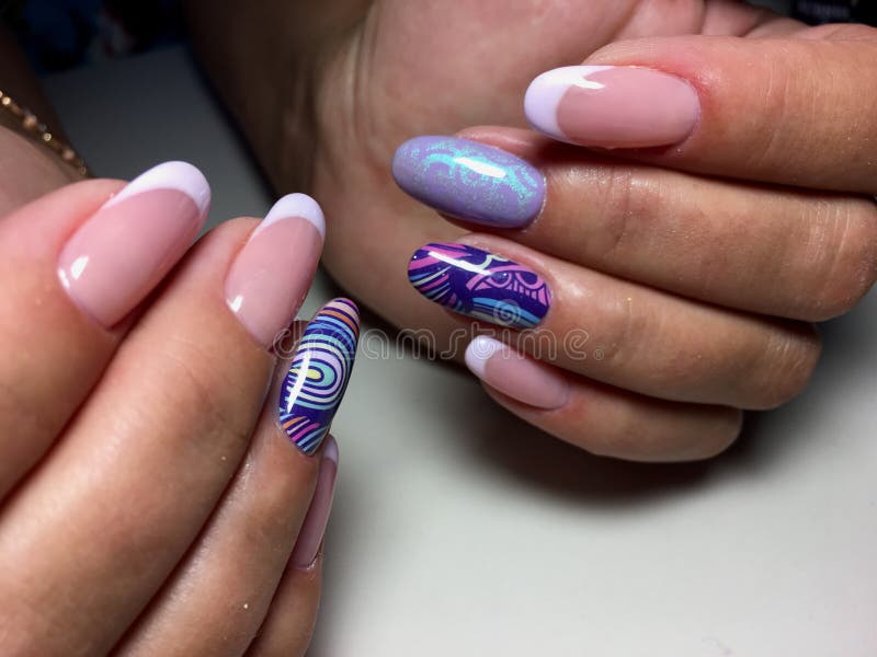 Lilac French Manicure with Abstraction Stock Photo - Image of acrylic ...