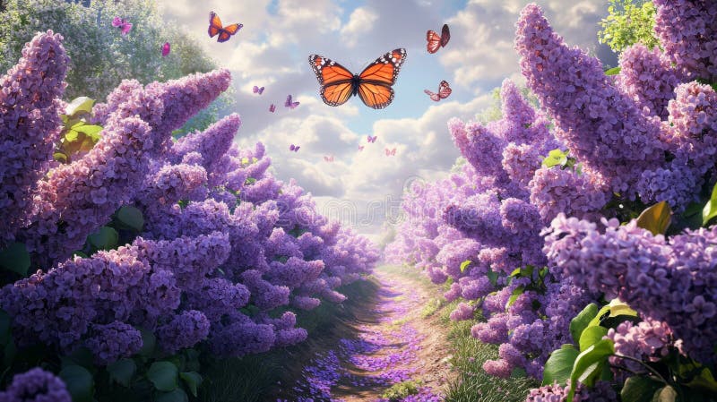 Lilac Pathway with Butterflies in a Springtime Landscape Stock ...