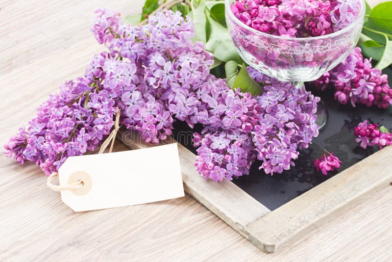 Lilac on Table with Empty Tag Stock Image - Image of element, beautiful ...
