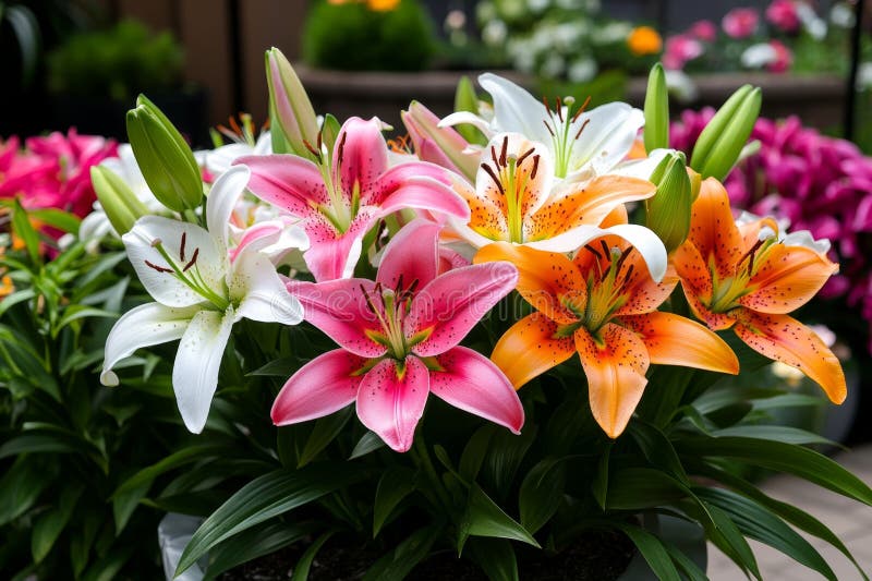 Lilies, in a Flower Bed, a Sea of Blossoms Create a Stunning Visual ...