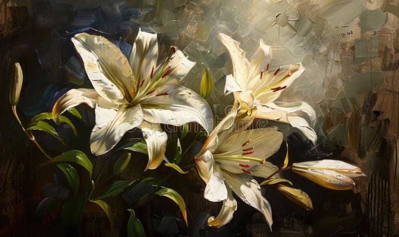 Lilies in Oil Painting Style with Oil Paint Texture Stock Photo - Image ...