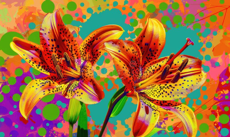 Lilies in Pop Art Style, Bright Colors, Dotted Patterns Stock Photo ...