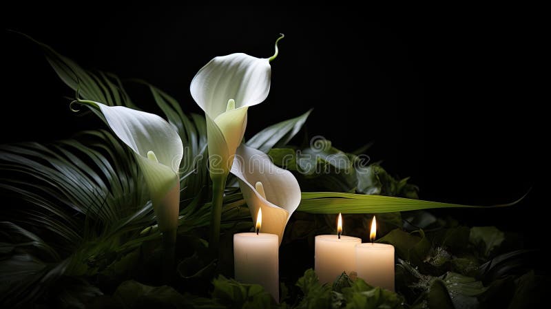 Lilly and Burning Candels in Darkness Stock Photo - Image of plant ...