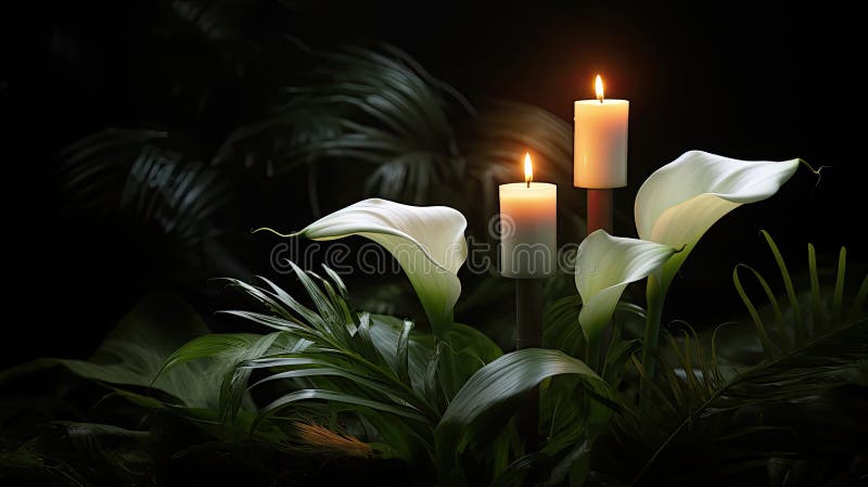 Lilly and Burning Candels in Darkness Stock Illustration - Illustration ...